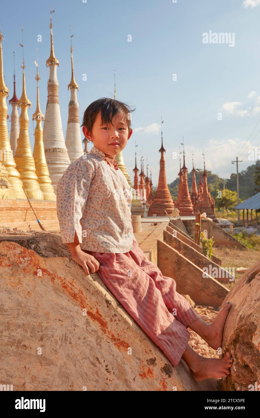 A young Burmese portrait in front of the Shwe Inn Thein Temple, Inn ...
