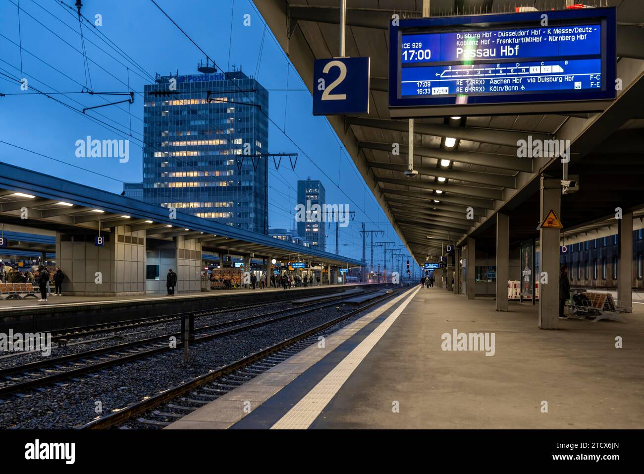 Train traffic, Essen central station, city centre skyline, NRW, Germany ...