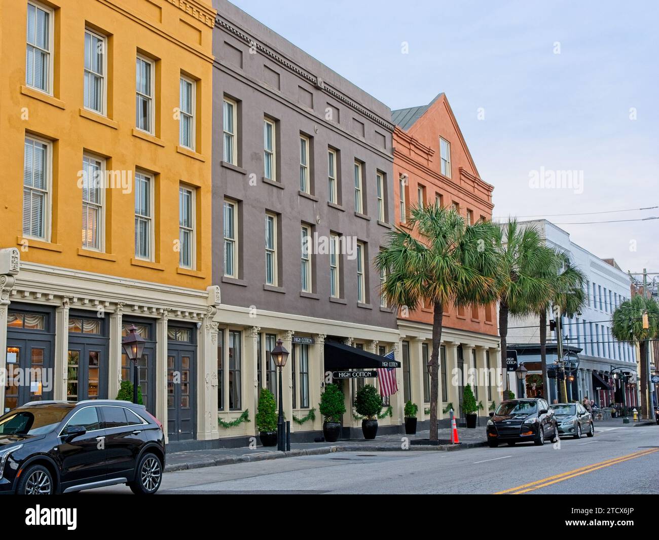 Multi colored brick commercial buildings on East Bay Street in historic ...