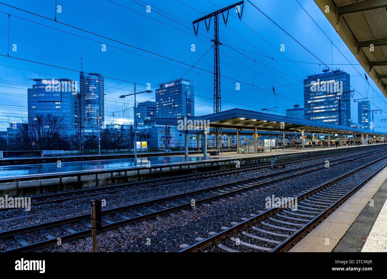 Train traffic, Essen central station, city centre skyline, NRW, Germany ...