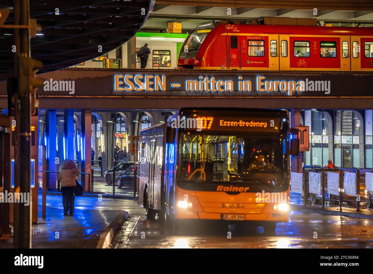 Central station in the city centre of Essen, dense traffic, local train ...
