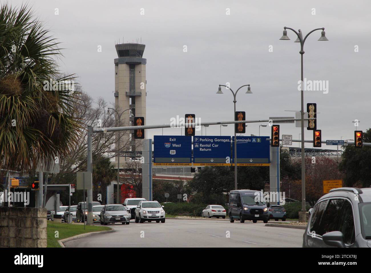 San Antonio, USA. 14th Dec, 2023. Exterior signage and an air traffic ...