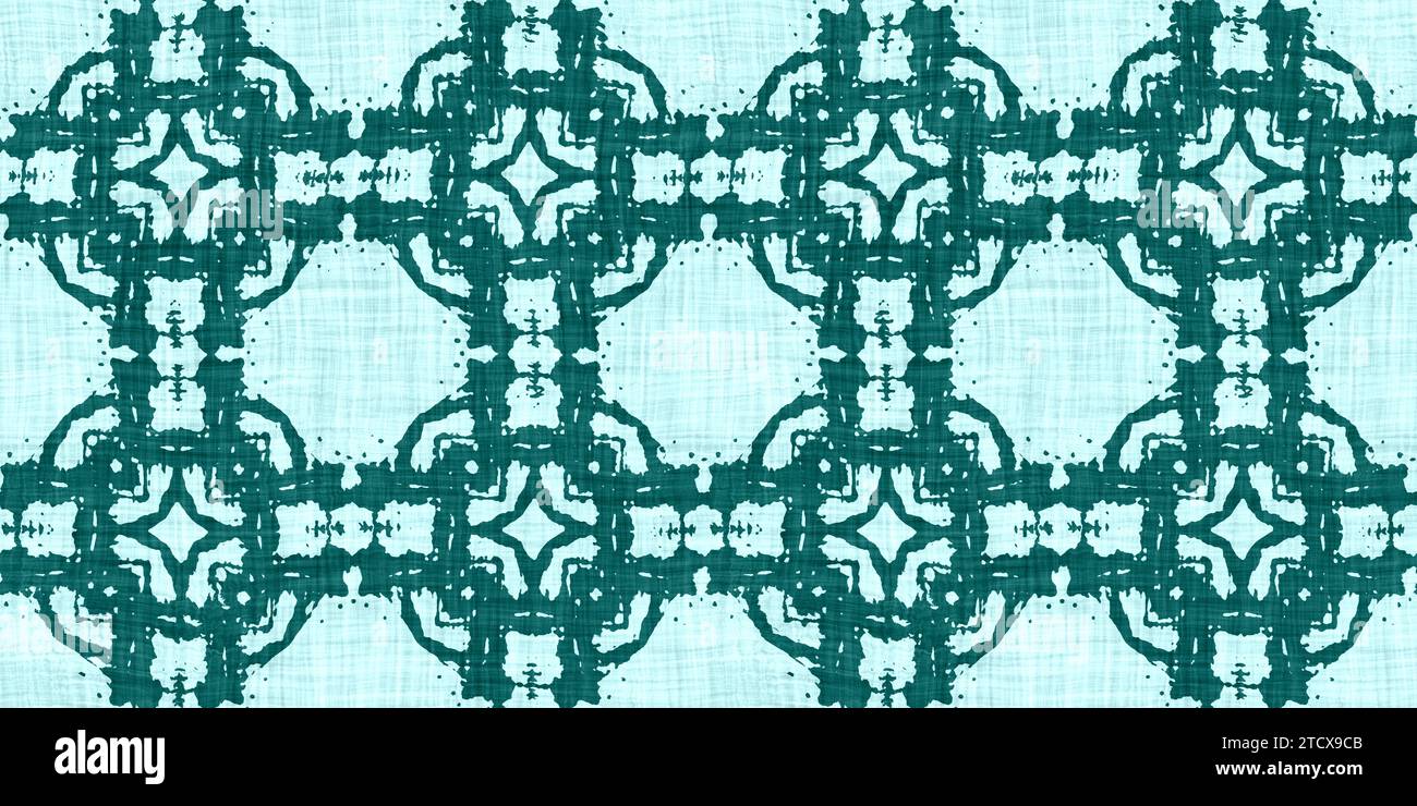 Teal green white vibrant watercolor batik azulejos tile border banner ...