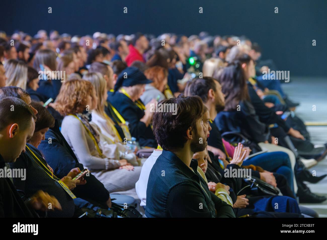 Side view of multiethnic business crowd attending global seminar at ...