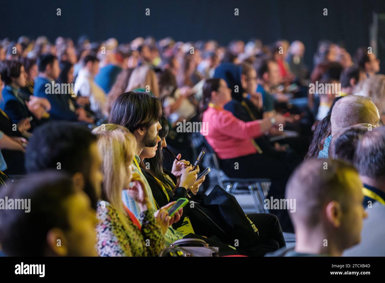 Multiethnic business crowd attending global seminar at conference hall ...