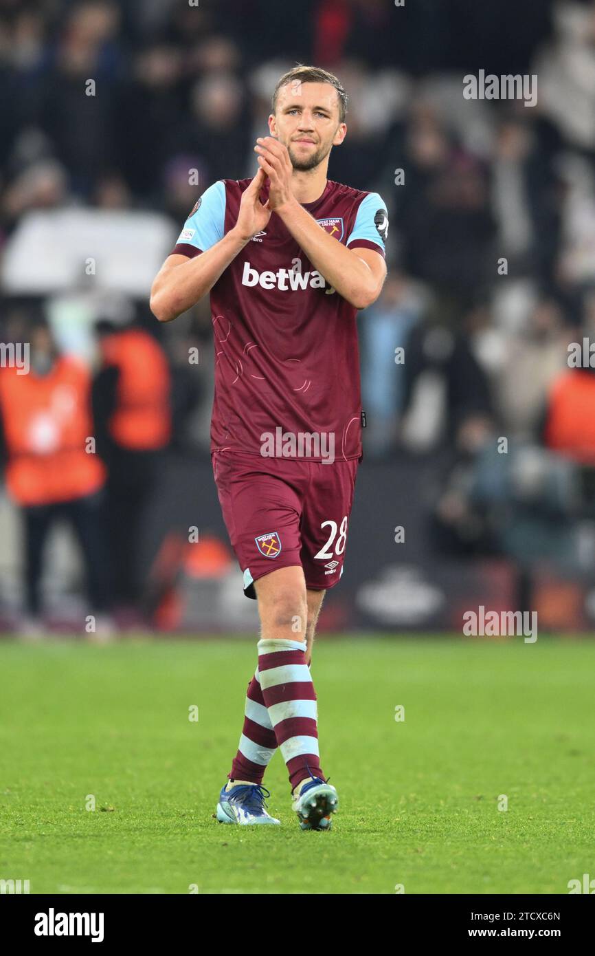 Thomas Soucek of West Ham United applauds the home supporters at the ...