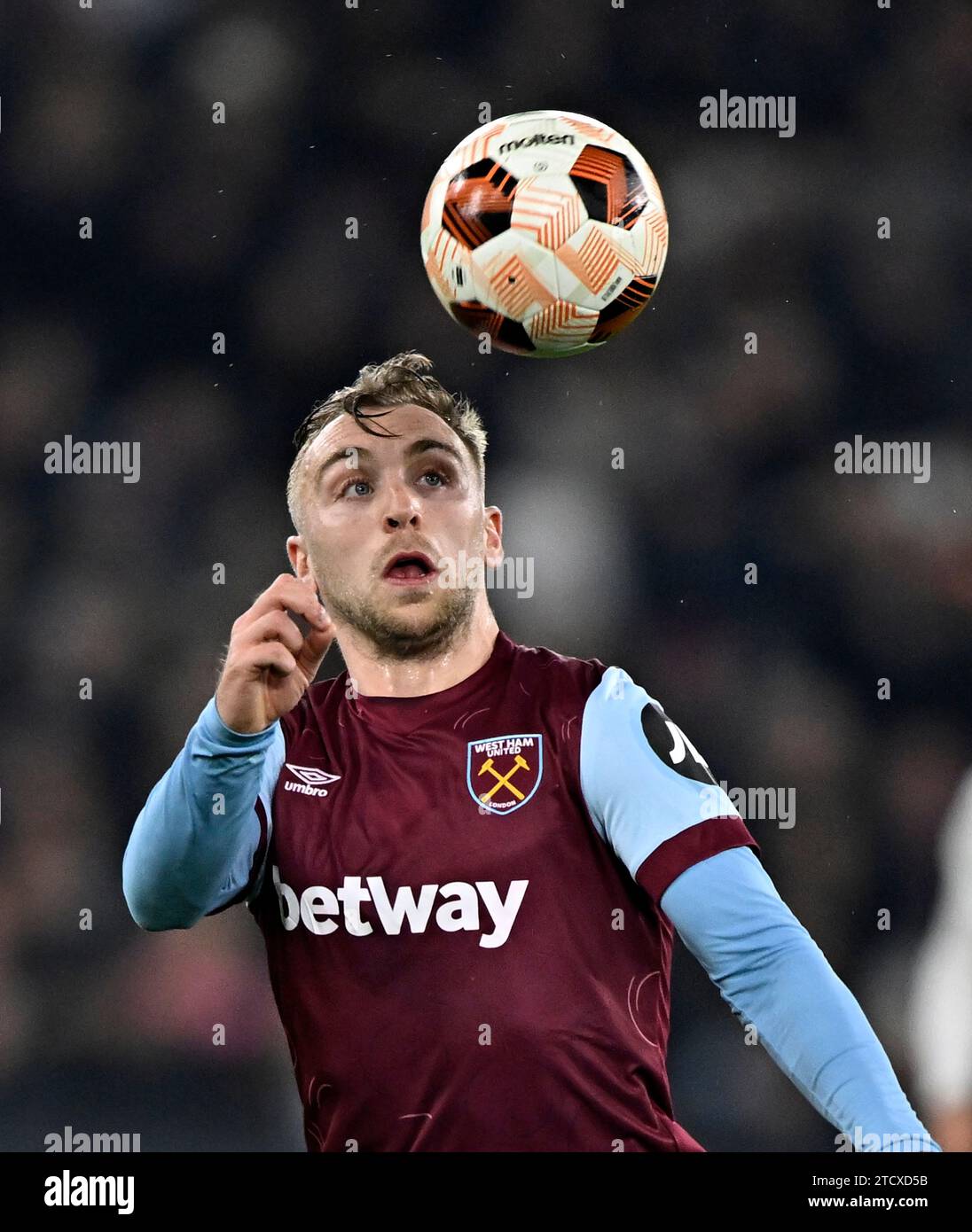London, UK. 14th Dec, 2023. Eyes on the ball Jarrod Bowen (West Ham ...