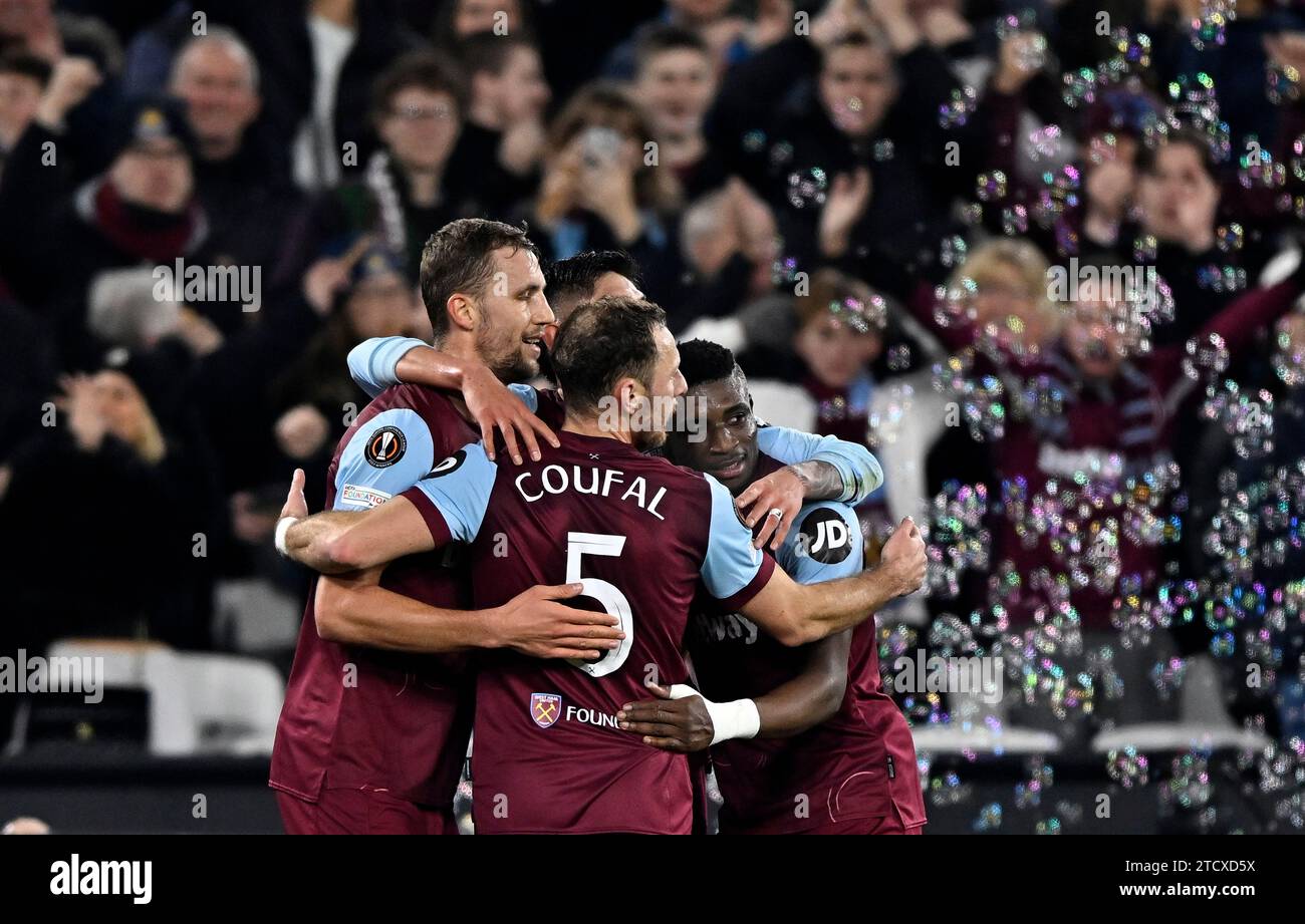 London, UK. 14th Dec, 2023. GOAL. The West Ham players celebrate the second West Ham goal scored ...
