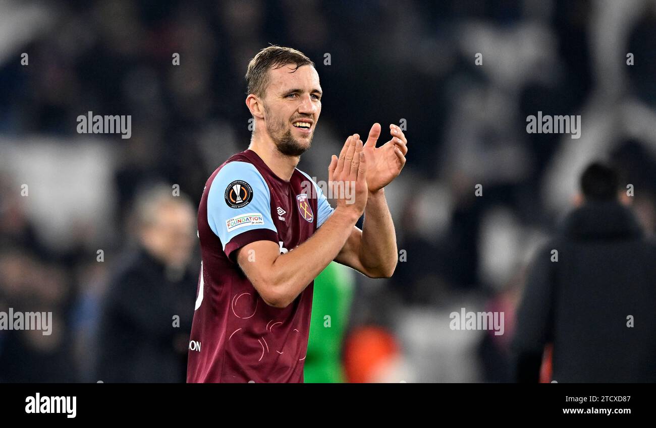 London, UK. 14th Dec, 2023. Tomas Soucek (West Ham) applauds the fans ...