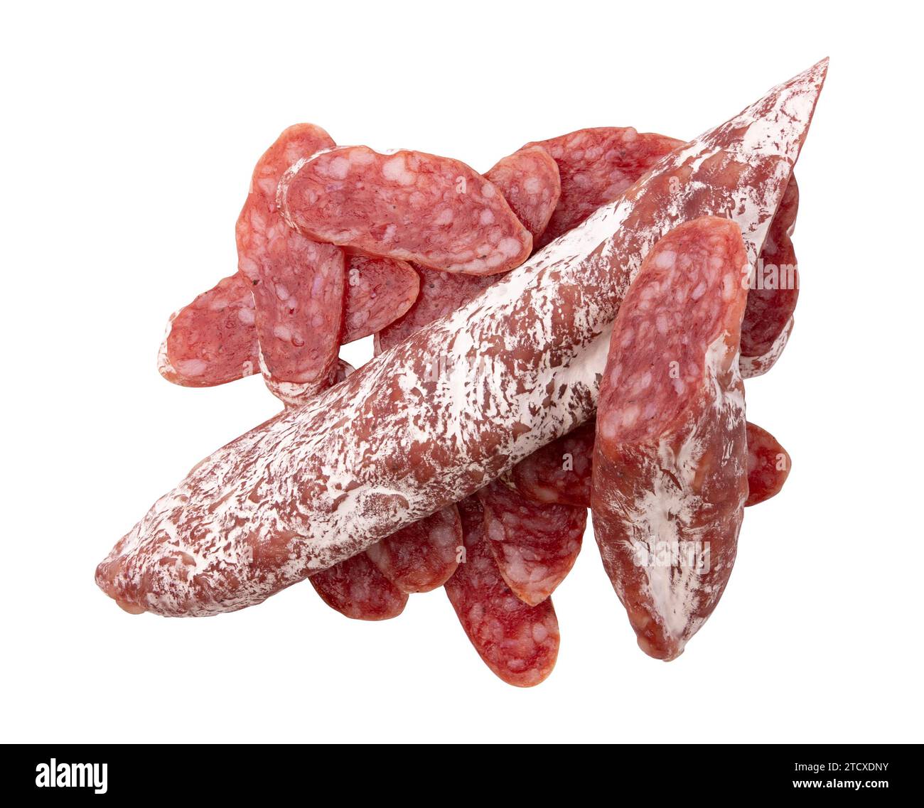 slices of salami isolated on white background with clipping path, concept of tasty food with ...