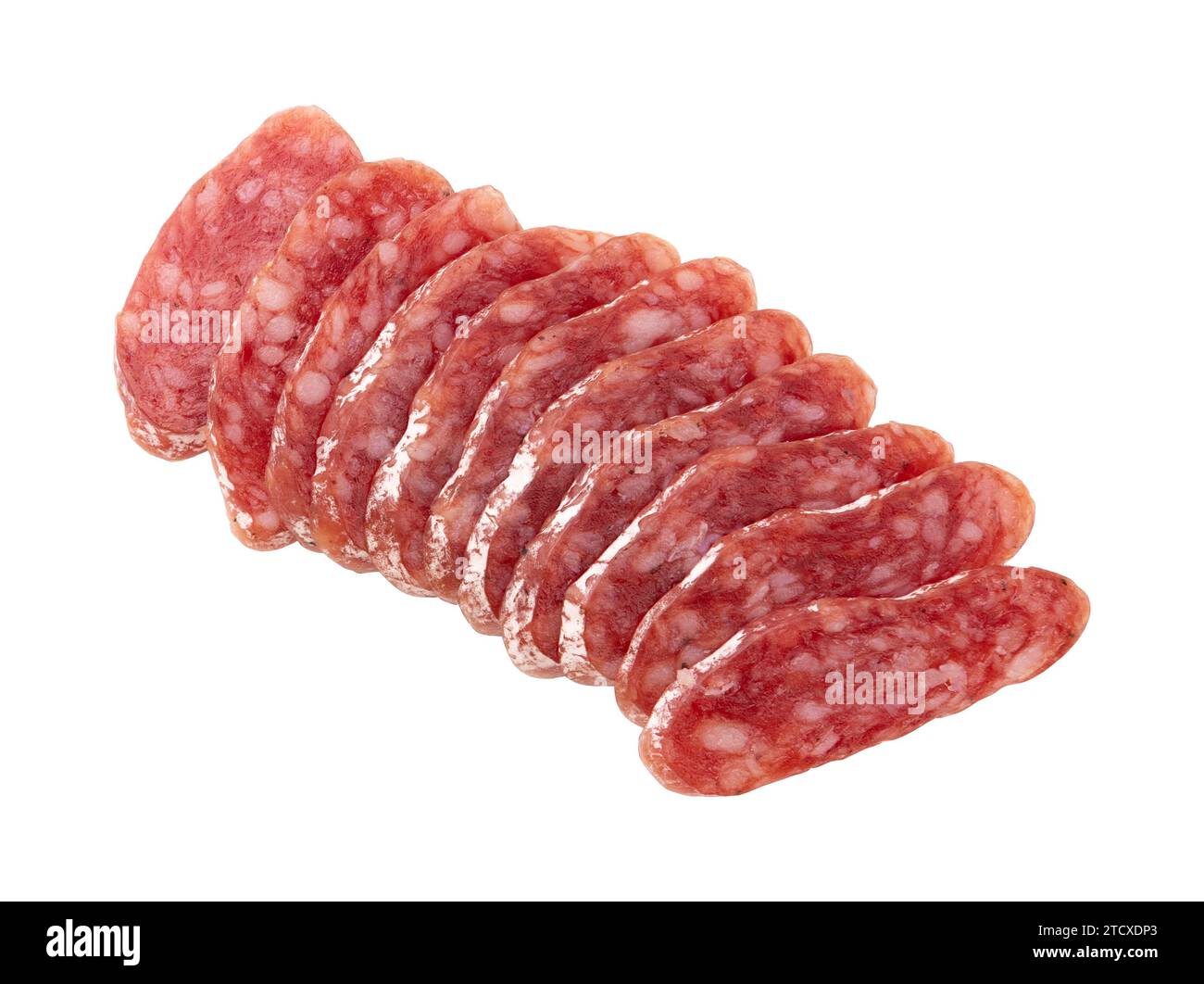slices of salami isolated on white background with clipping path, concept of tasty food with ...