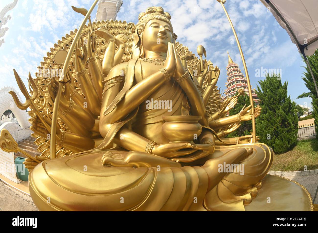 One thousand hands of golden Guan Yin Bodhisattva Statuet front of ...