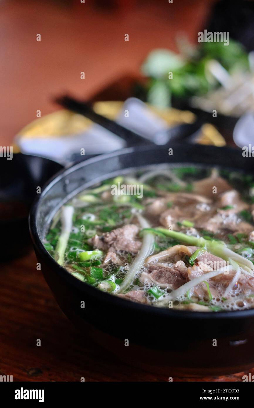 A bowl of traditional northern Vietnamese (Hanoi-style) pho tai lan ...