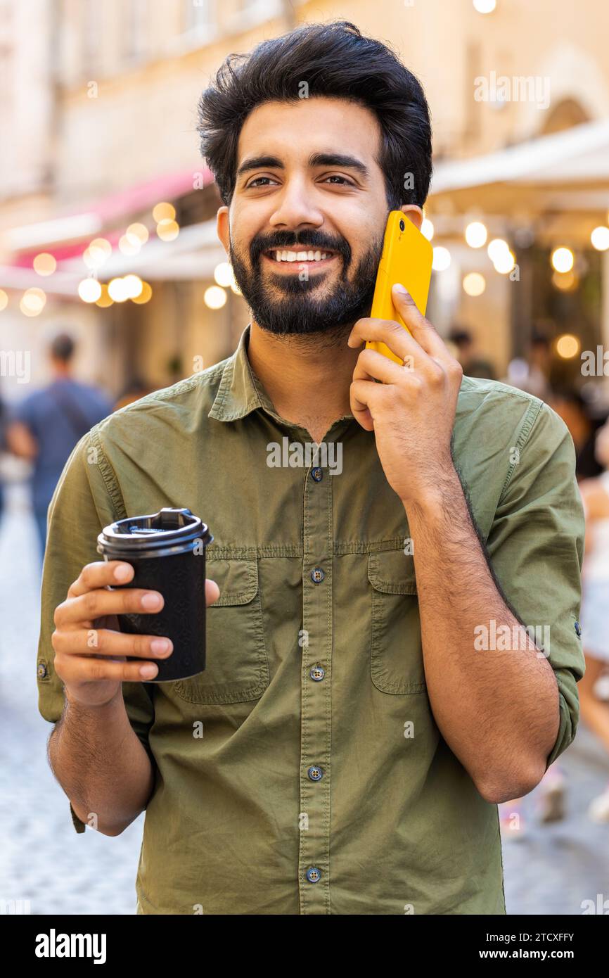 Indian adult man tourist having remote conversation communicate ...