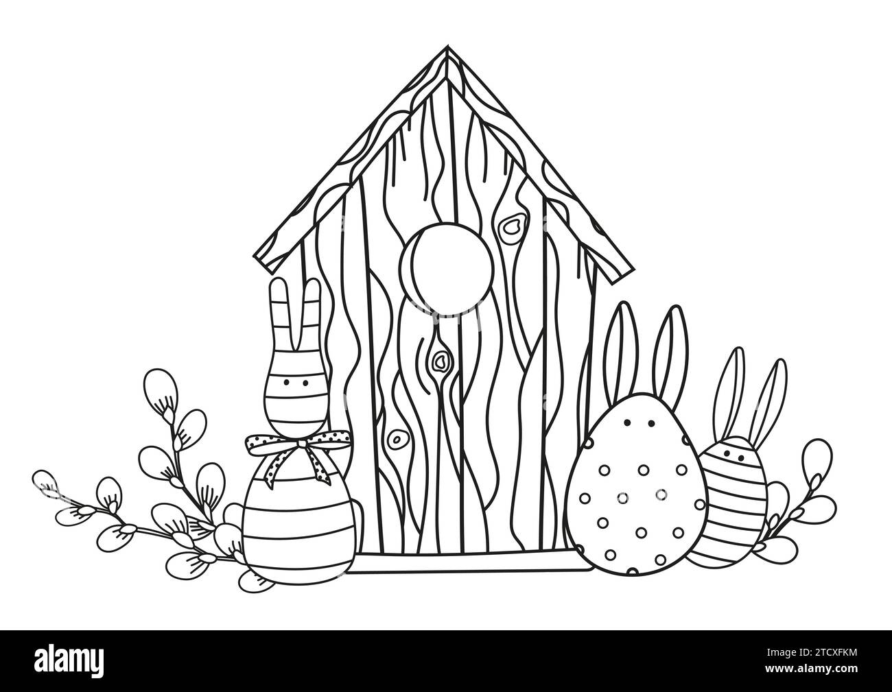 Easter-Themed Coloring Page For Kids Featuring A Birdhouse, Easter Eggs ...