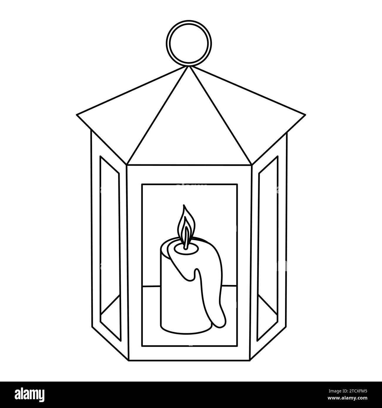 Retro metal lantern with burning red candle, doodle style flat vector ...