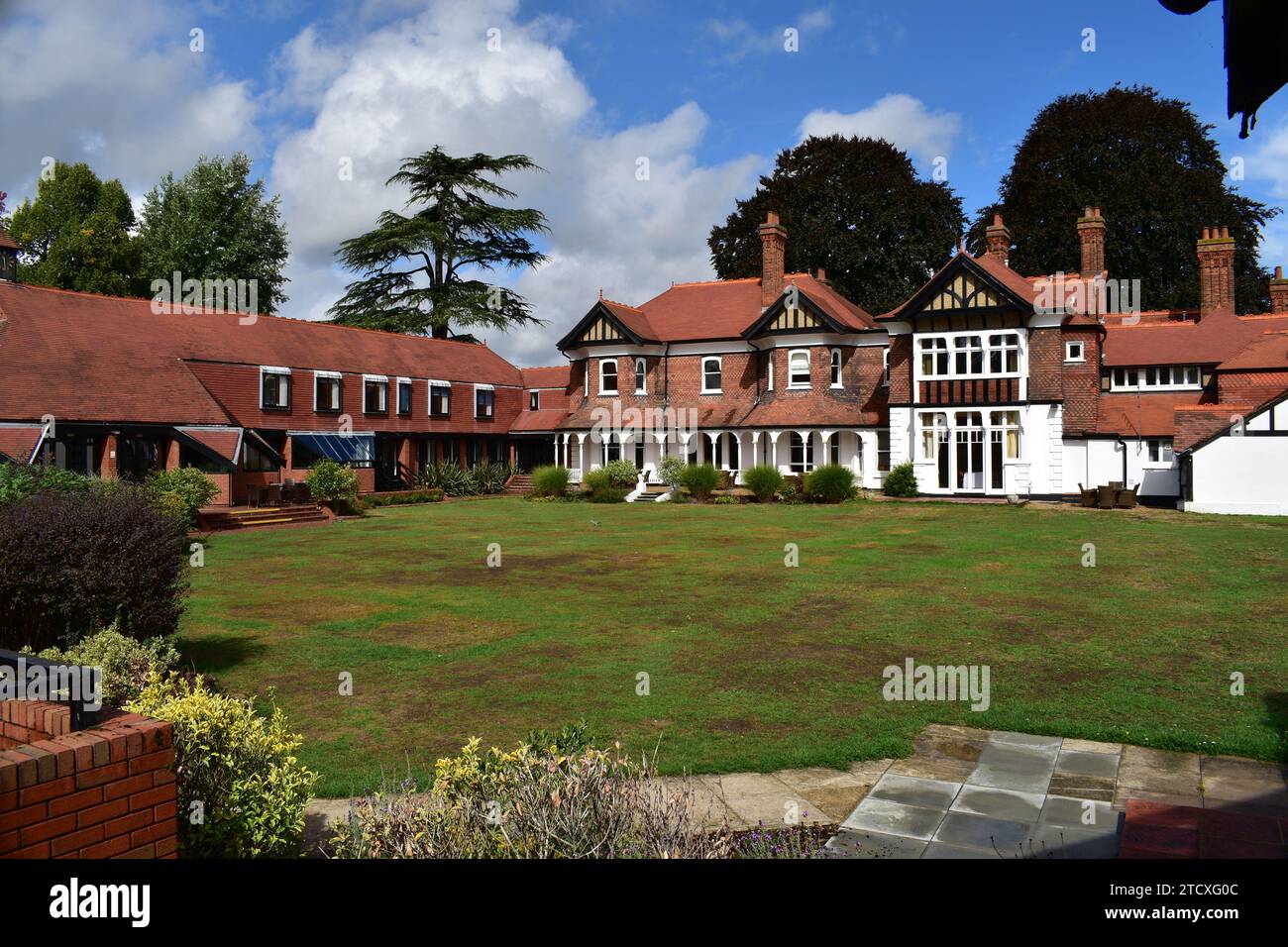 Inner grass courtyard of the Moor Hall Hotel and Conference Centre, a ...
