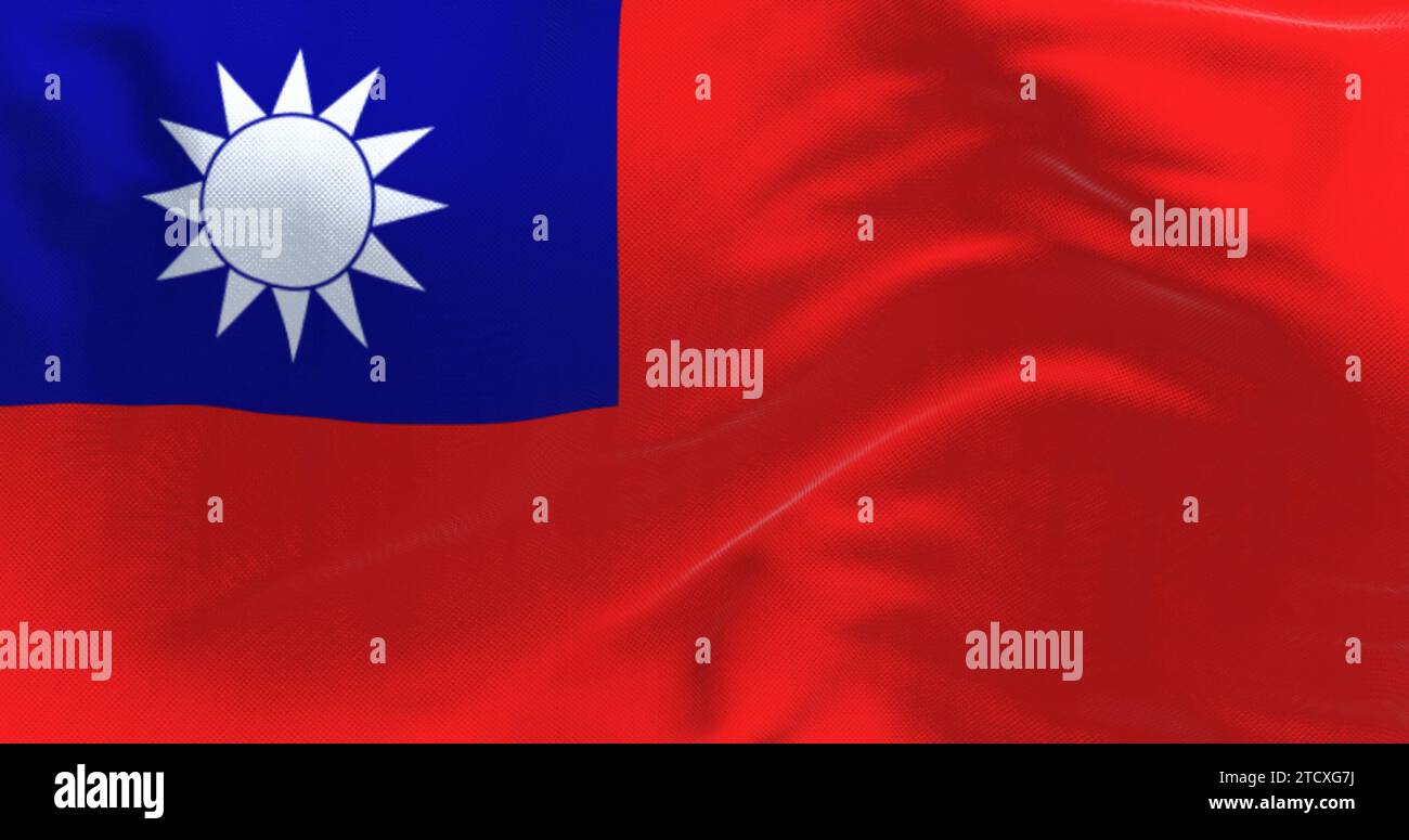Close-up of Taiwan flag waving in the wind. Red flag with white sun ...