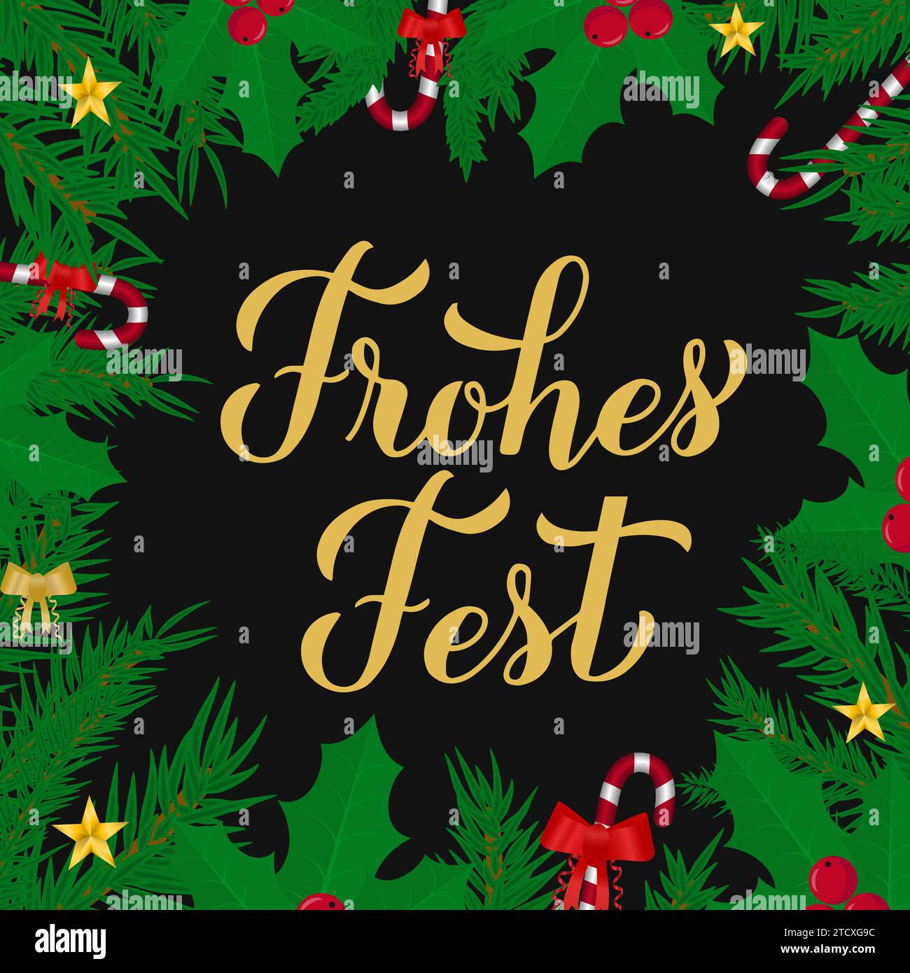 Frohes Fest calligraphy hand lettering with fir tree branches. Happy ...