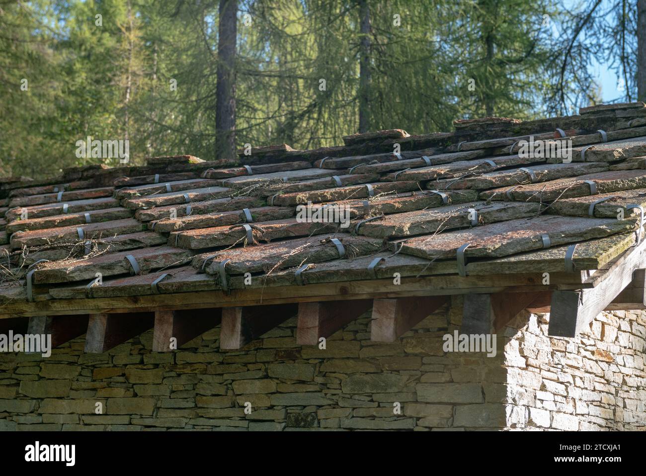 mountain roof, clad in stone slabs, the details capture the rustic ...