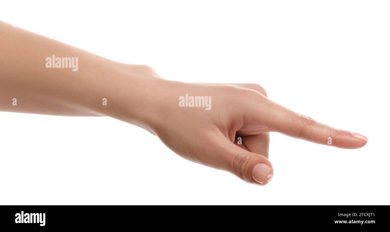 Woman pointing with index finger on white background, closeup Stock ...