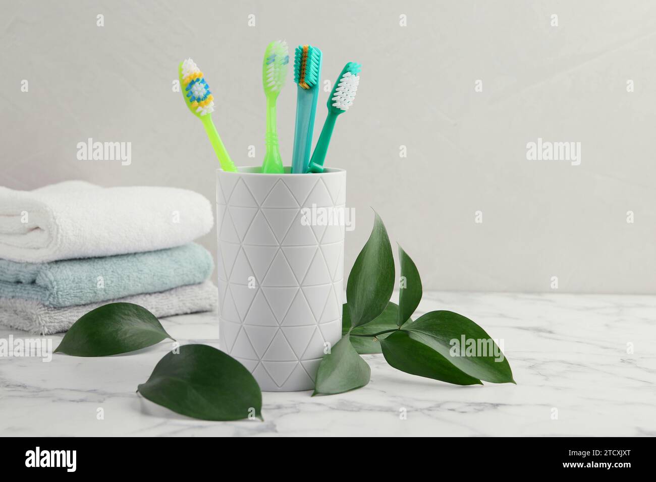 Colorful plastic toothbrushes in container and green leaves on white ...