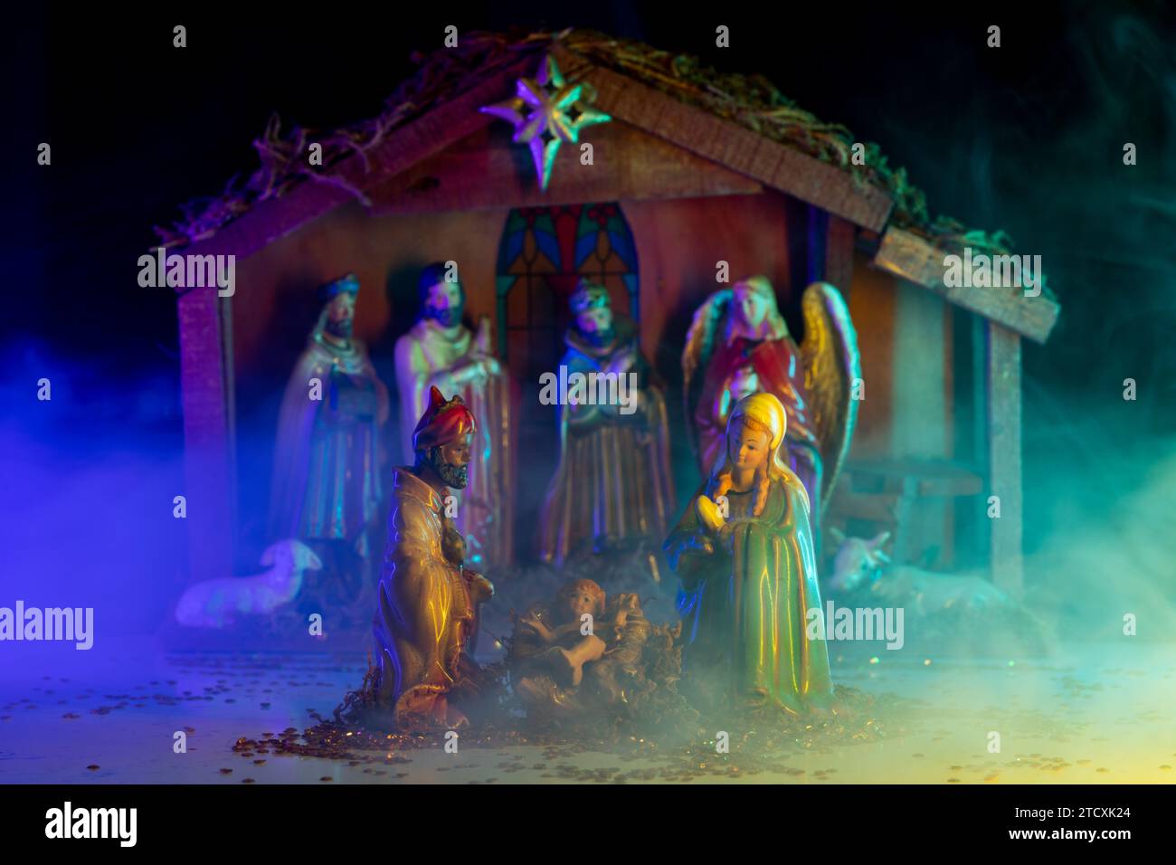 Christmas decorative creche with Holy family. Christmas scene birth of ...