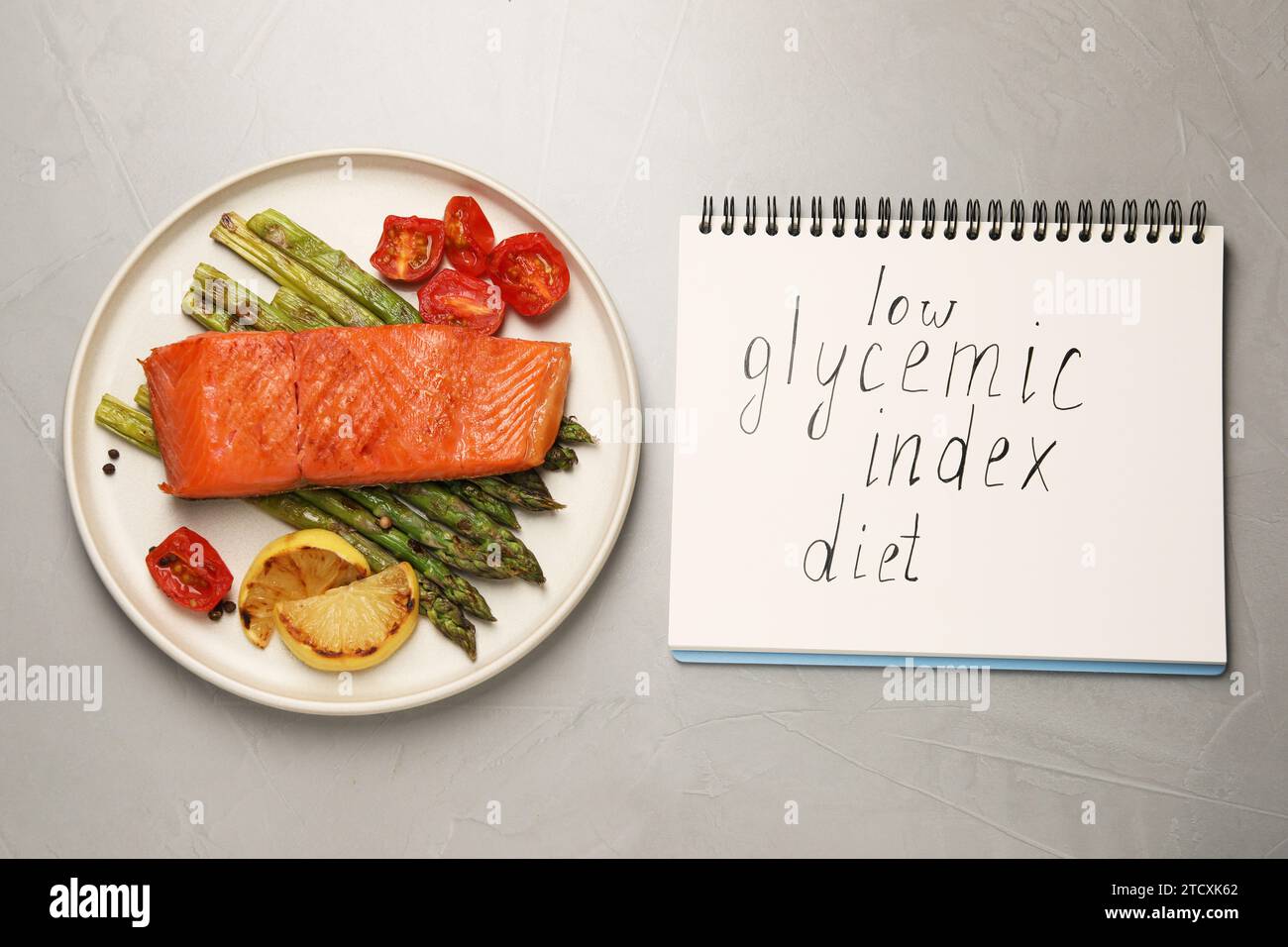 Notebook with words Low Glycemic Index Diet and plate of tasty grilled ...