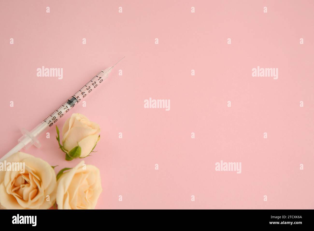 Medical syringe and rose flowers on pink background, above view. Space ...
