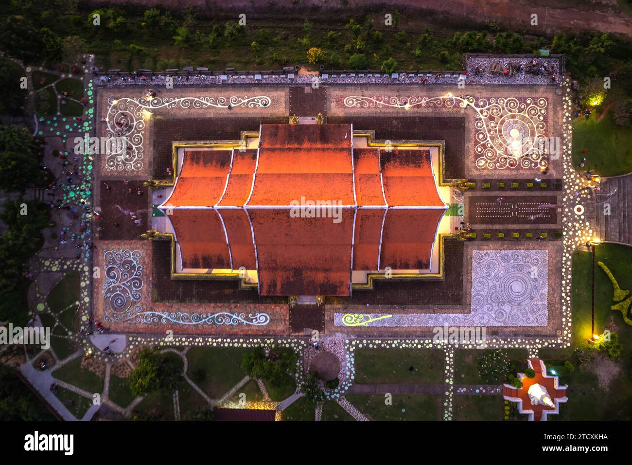 Aerial view of Wat Sirindhorn Wararam glowing temple in Ubon, Thailand ...