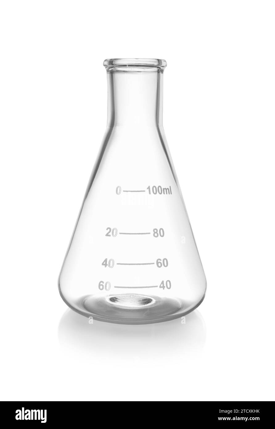 One empty laboratory flask isolated on white Stock Photo - Alamy