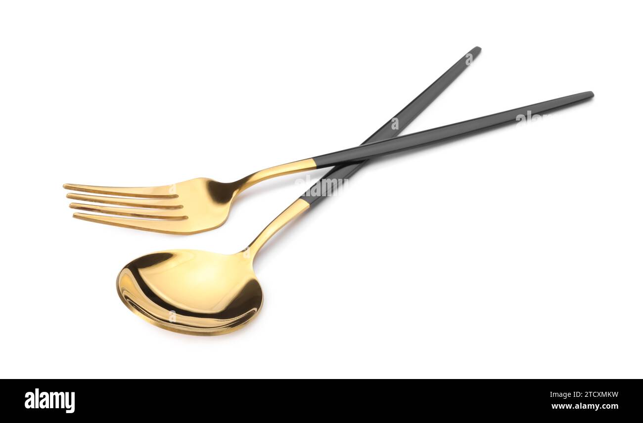 Shiny golden fork and spoon isolated on white. Luxury cutlery Stock ...