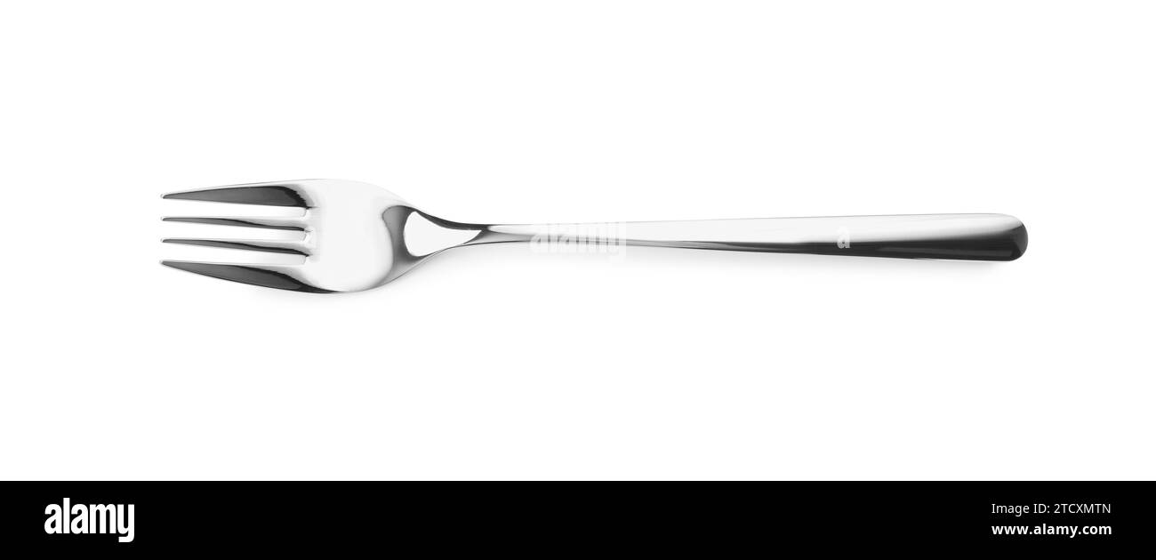 One shiny silver fork isolated on white, top view Stock Photo - Alamy