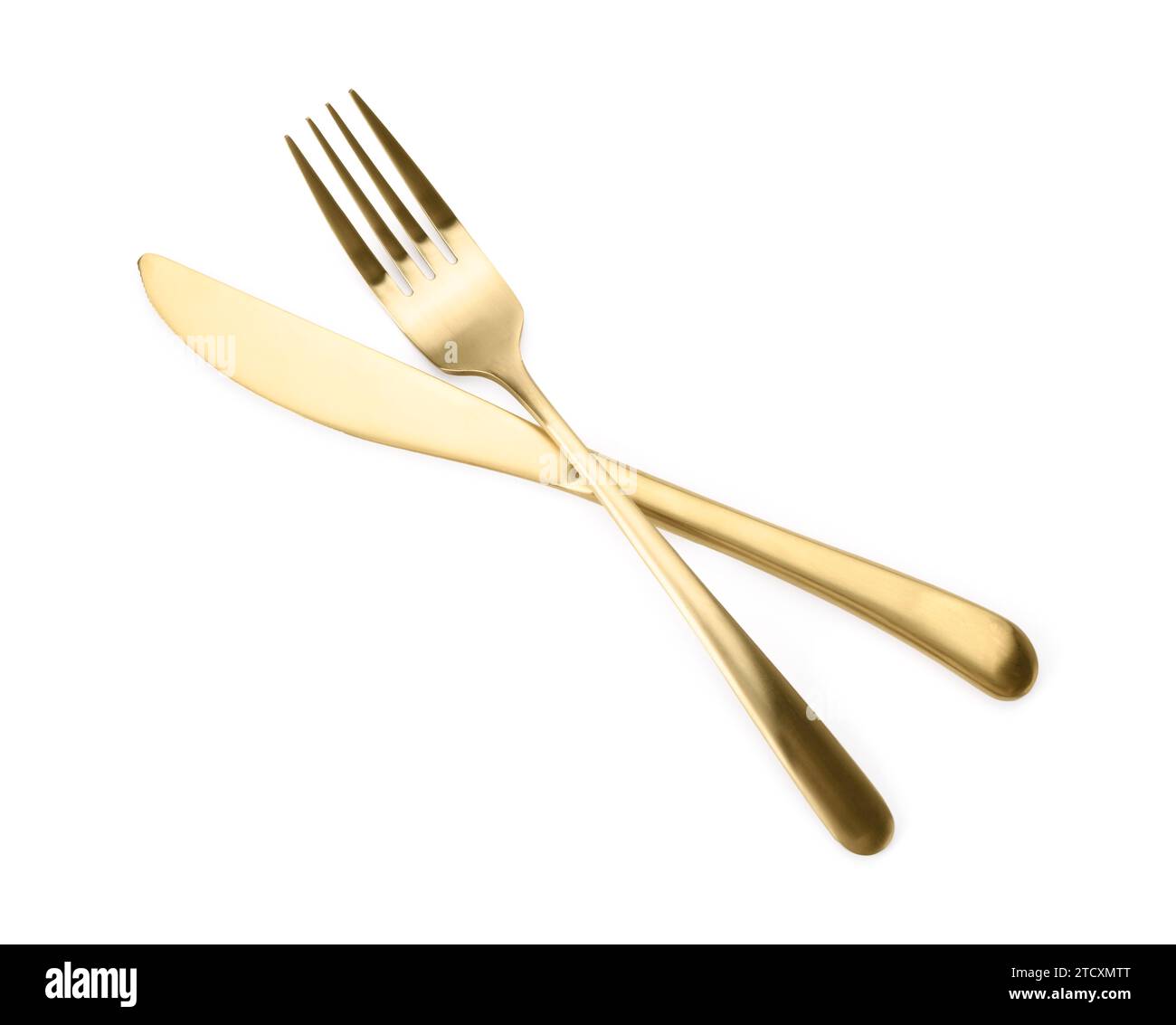 Shiny golden fork and knife isolated on white. Luxury cutlery Stock ...