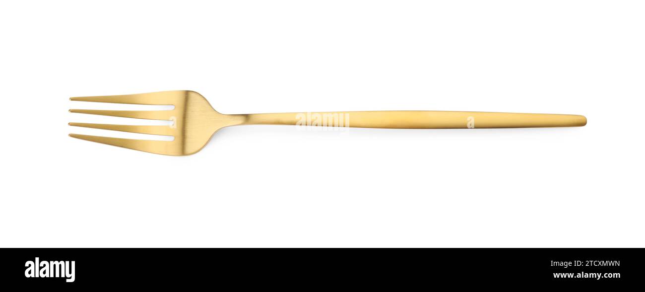 One shiny golden fork isolated on white, top view Stock Photo - Alamy