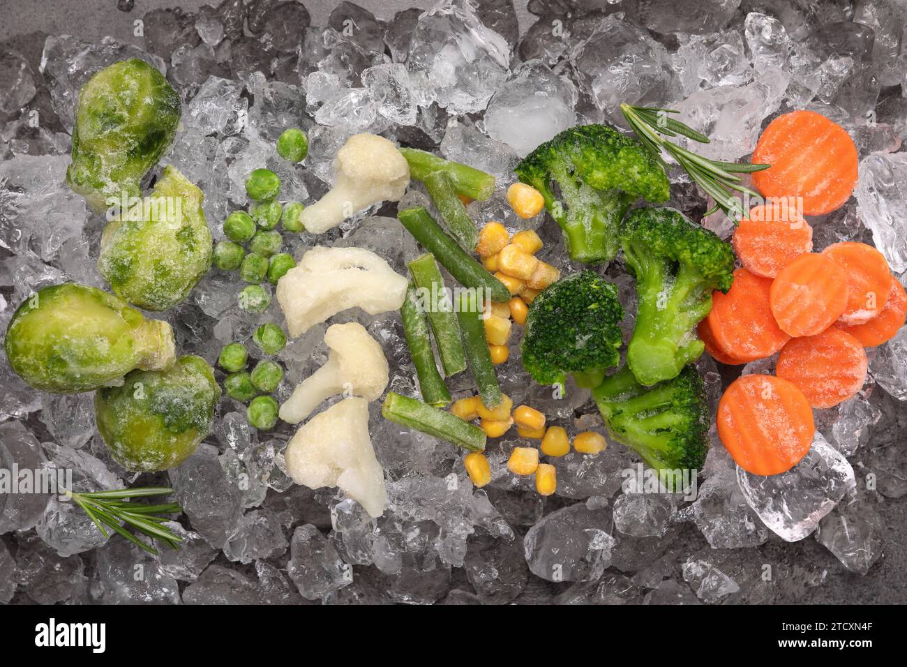 Different frozen vegetables with ice on grey table, flat lay Stock ...