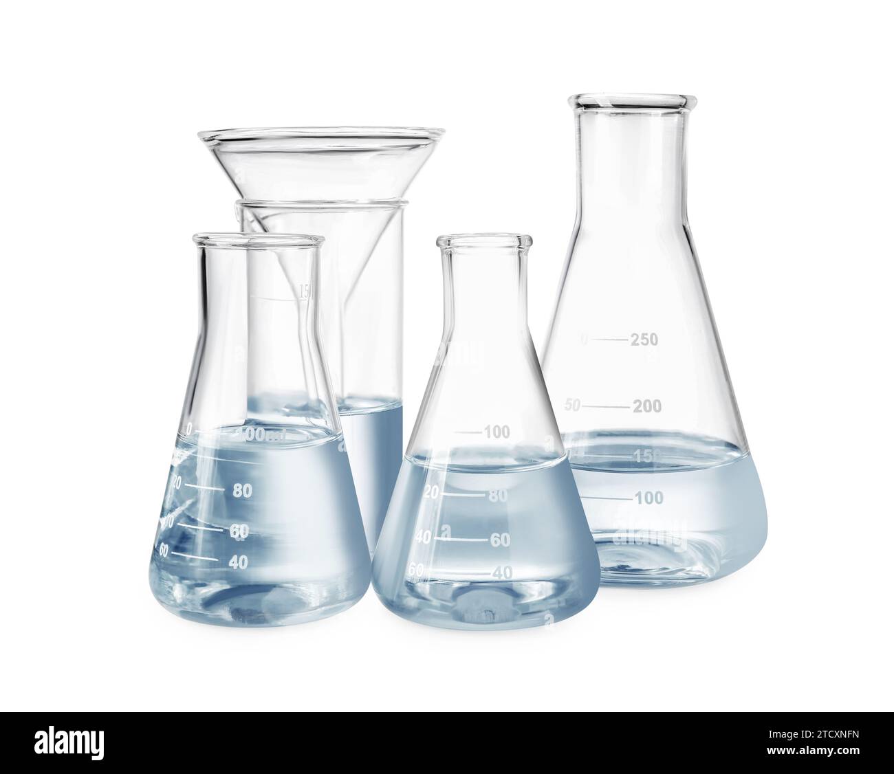Different laboratory glassware with water isolated on white Stock Photo ...