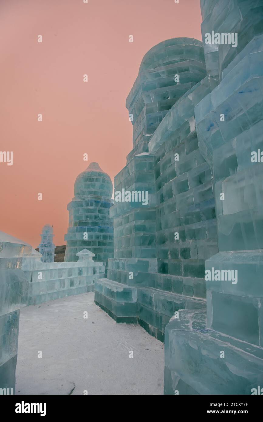 January 1, 2022, HARBIN, CHINA. Ice castle at the sunset. Harbin ...