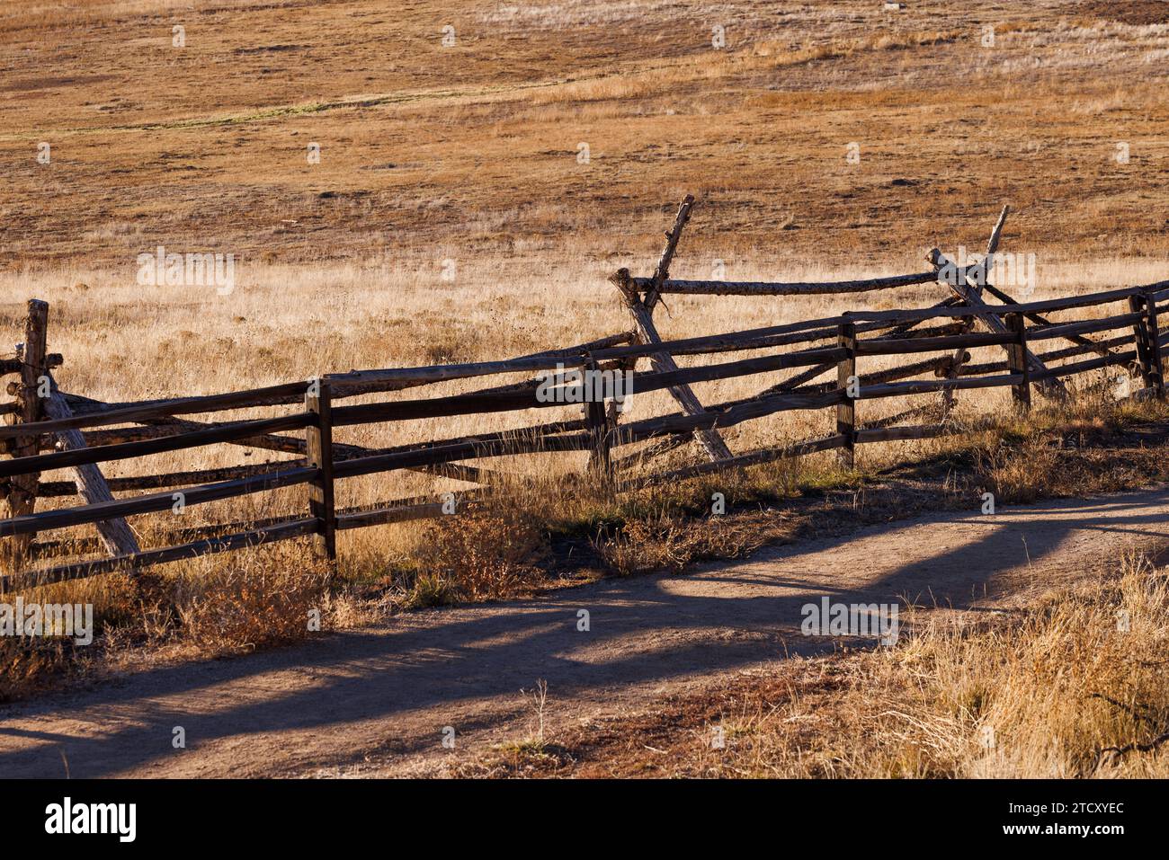 rustic fence cutting through a grassy field by a walking path Stock ...