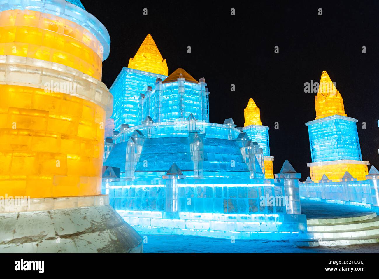 January 1, 2022, HARBIN, CHINA. Night scene in Harbin International Ice ...
