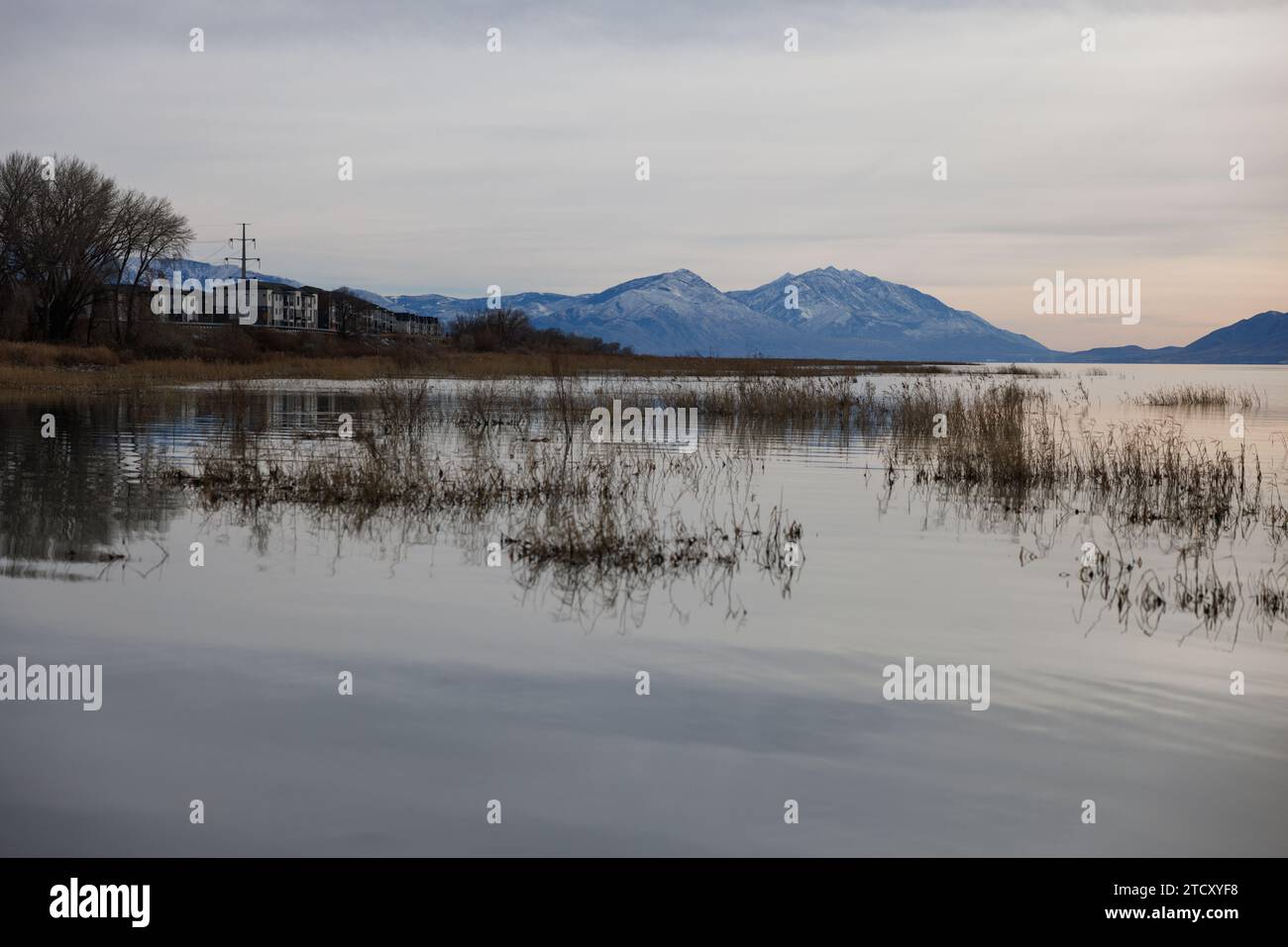 utah lake in winter with blue mountains in the background Stock Photo ...