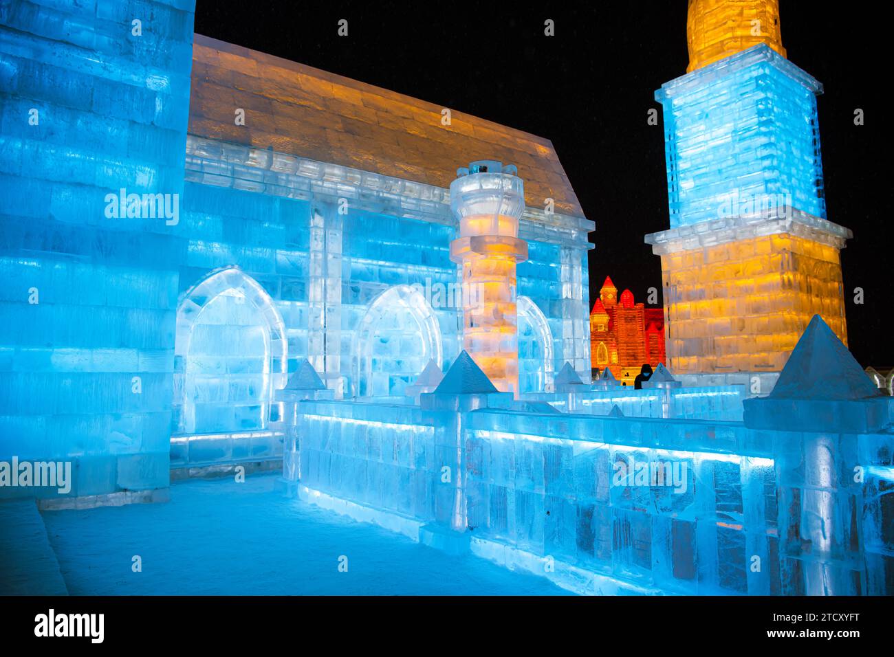 January 1, 2022, HARBIN, CHINA. Night scene in Harbin International Ice ...
