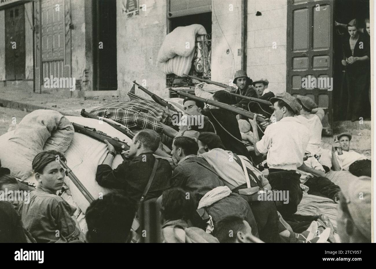 Toledo (Spain), 1936. Spanish Civil War. A large barricade on one of ...