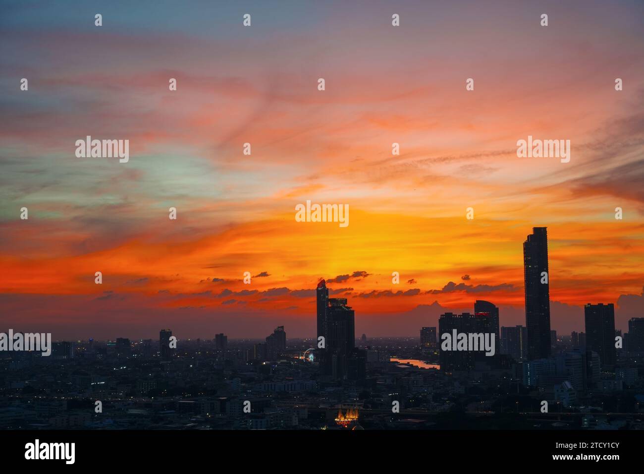 Sunset over modern office buildings in business district. Skyline view ...