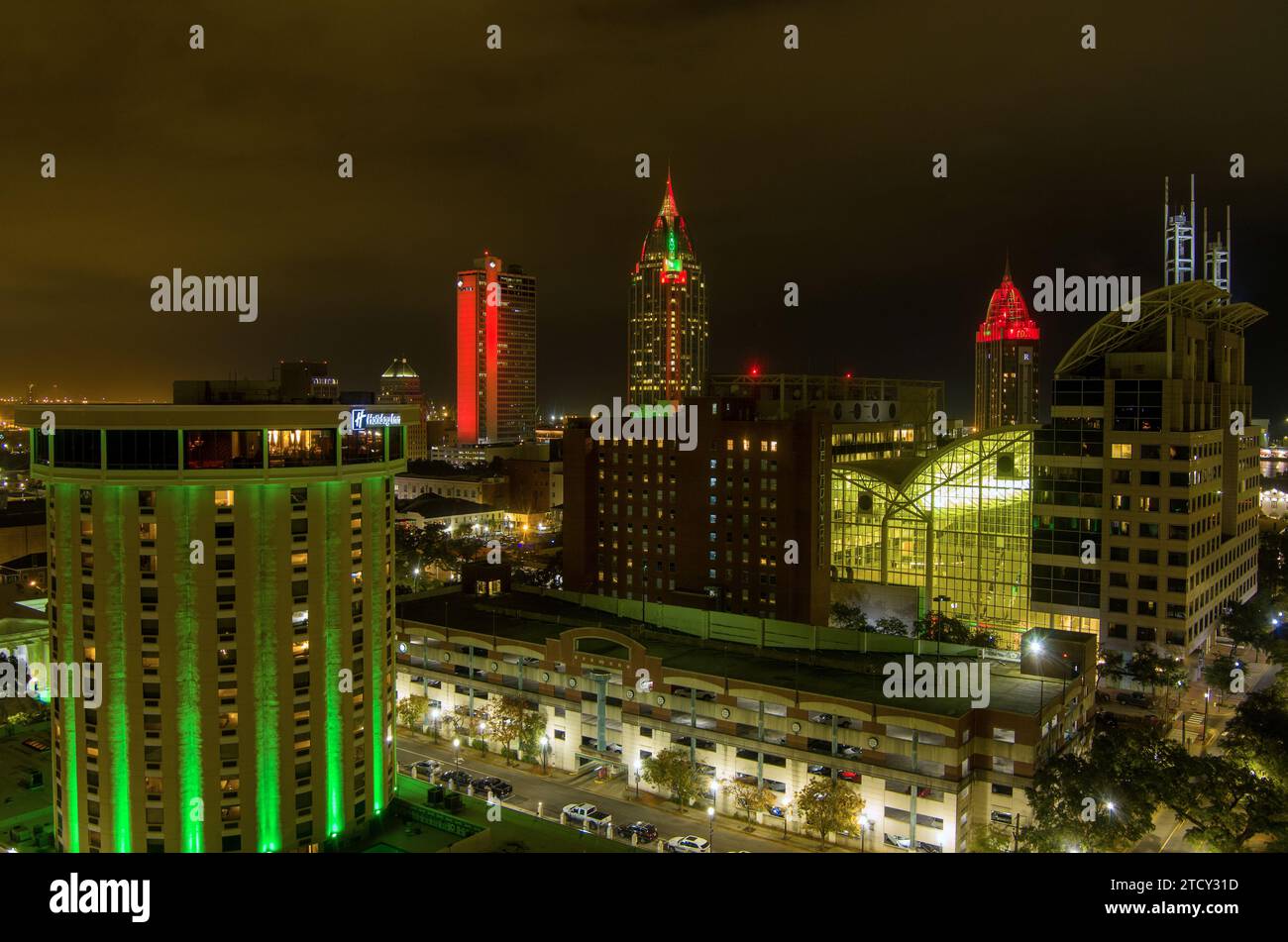 Aerial view of the downtown Mobile, Alabama waterfront skyline ...