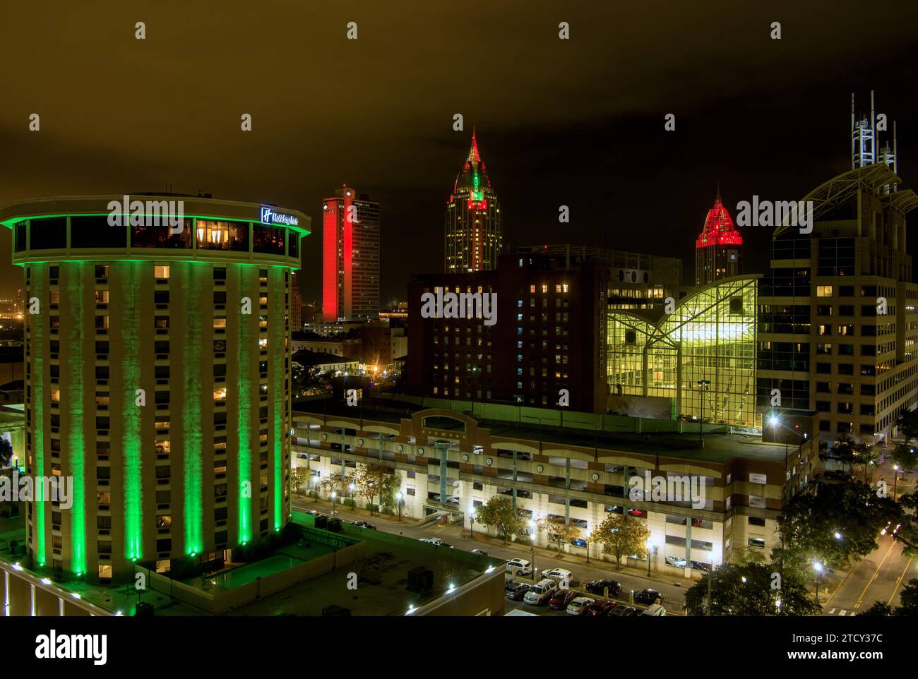 Aerial view of the downtown Mobile, Alabama waterfront skyline ...