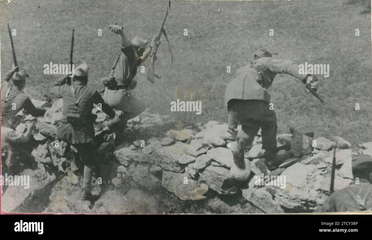 1937. Spanish Civil War, a group of national forces assault a position ...
