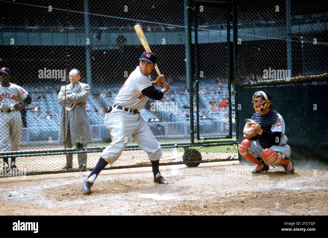 BRONX, NY - MAY 11: Larry Doby #14 of the Cleveland Indians hits in the ...