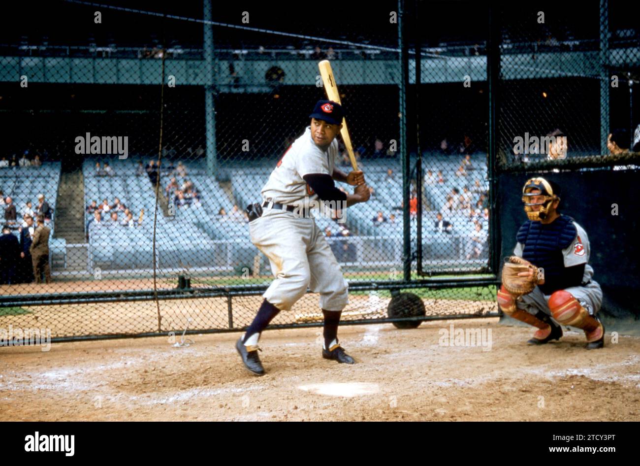 BRONX, NY - MAY 11: Larry Doby #14 of the Cleveland Indians hits in the ...