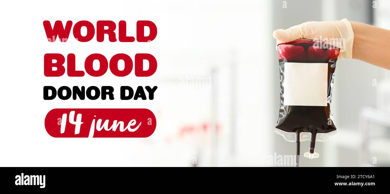 Banner for World Blood Donor Day with hand holding blood pack for ...